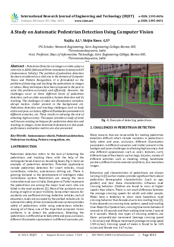 (PDF) A Study on Automatic Pedestrian Detection Using Computer Vision