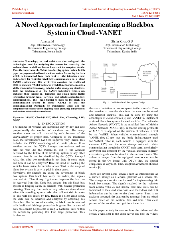 (PDF) A Novel Approach for Implementing a Blackbox System in Cloud -VANET