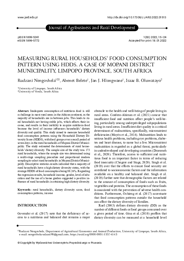 (PDF) Measuring rural households’ food consumption pattern using HDDS ...