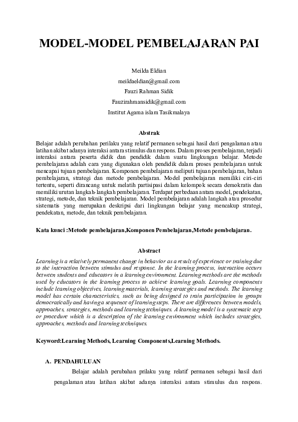 (PDF) MODEL-MODEL PEMBELAJARAN PAI