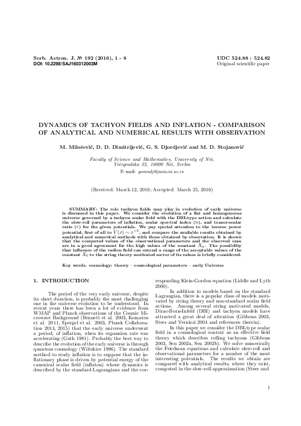(PDF) Dynamics of tachyon fields and inflation - comparison of analytical and numerical results ...