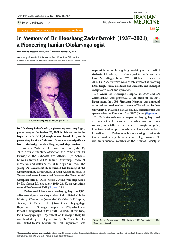 (PDF) In Memory of Dr. Hooshang Zadanfarrokh (1937-2021), a Pioneering ...