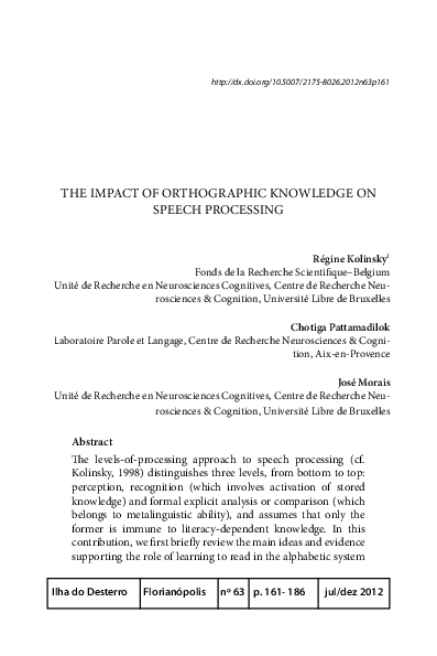 (PDF) The impact of orthographic knowledge on speech processing