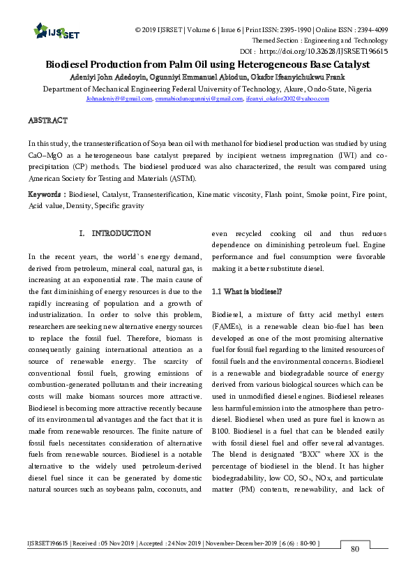 (PDF) Biodiesel Production from Palm Oil using Heterogeneous Base Catalyst