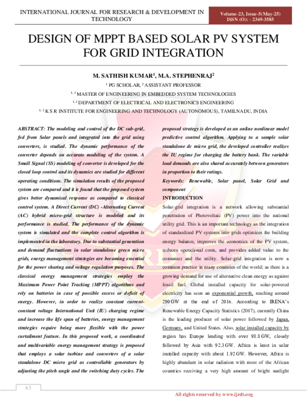 (PDF) DESIGN OF MPPT BASED SOLAR PV SYSTEM FOR GRID INTEGRATION