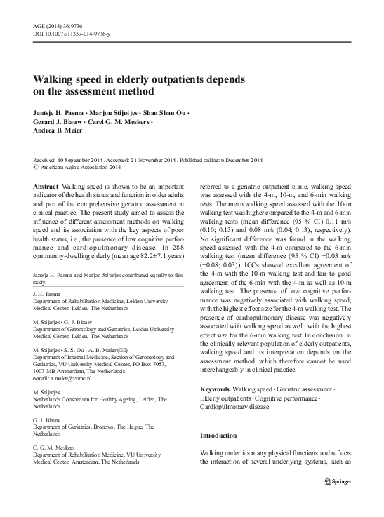 (PDF) Walking speed in elderly outpatients depends on the assessment method