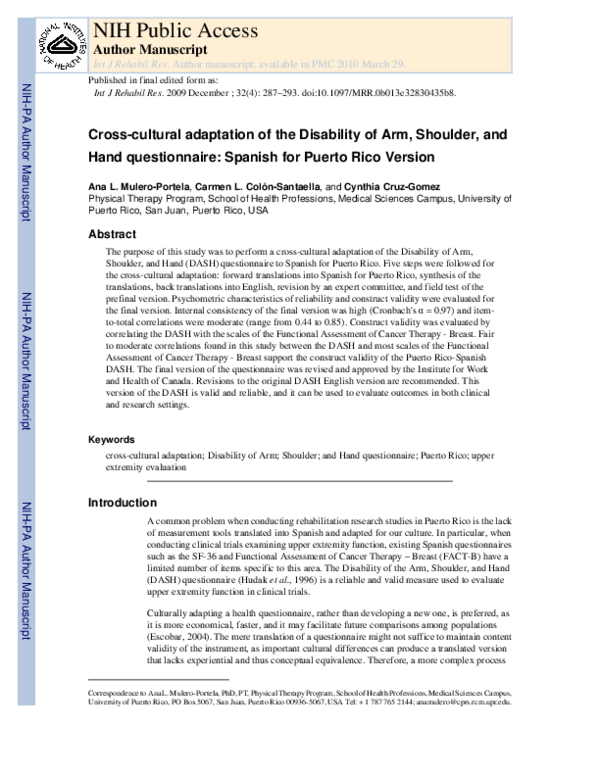 (PDF) Cross-cultural adaptation of the Disability of Arm, Shoulder, and ...