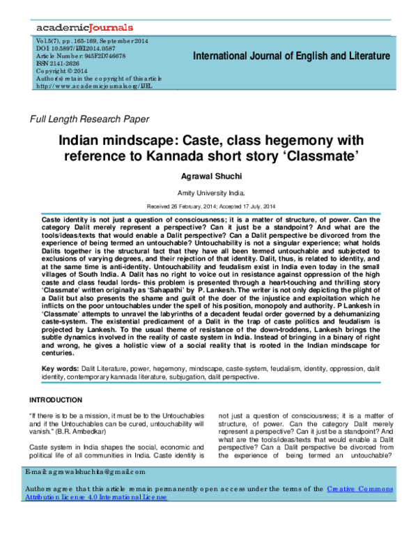 (PDF) Indian mindscape: Caste, class hegemony with reference to Kannada short story 'Classmate'