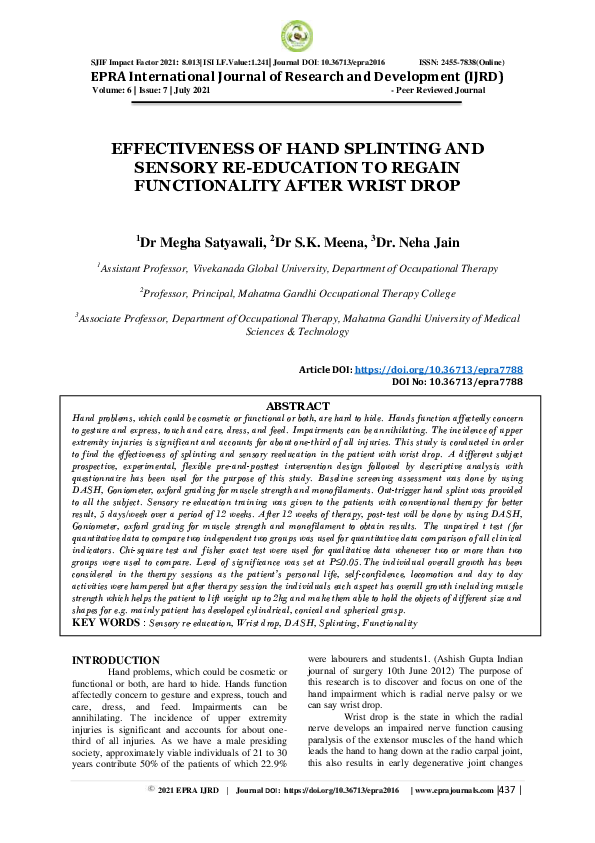 (PDF) Effectiveness of Hand Splinting and Sensory Re-Education to ...