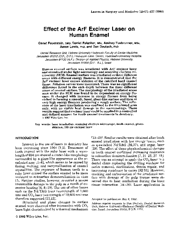 (PDF) Effect of the ArF excimer laser on human enamel