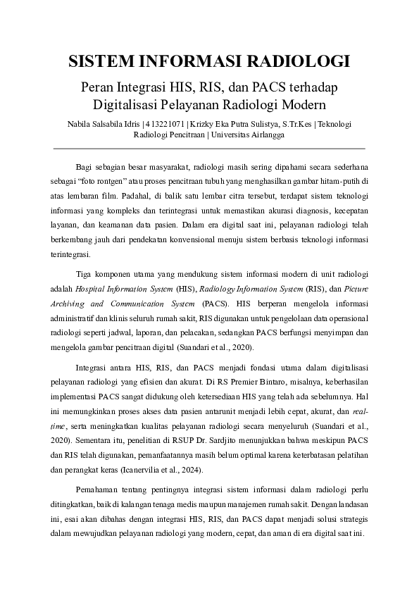 (PDF) Peran Integrasi HIS, RIS, dan PACS terhadap Digitalisasi Pelayanan Radiologi Modern