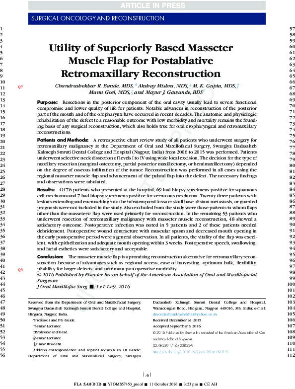 (PDF) Utility of Superiorly Based Masseter Muscle Flap for Postablative ...