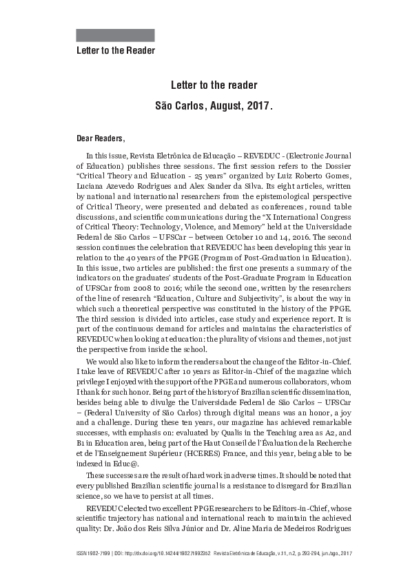 (PDF) Letter to the Reader