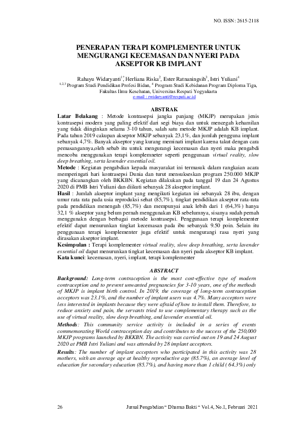 (PDF) Penerapan Terapi Komplementer Untuk Mengurangi Kecemasan Dan Nyeri Pada Akseptor KB Implant