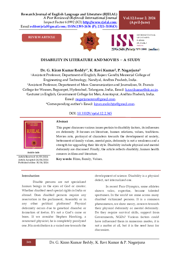(PDF) DISABILITY IN LITERATURE AND MOVIES − A STUDY