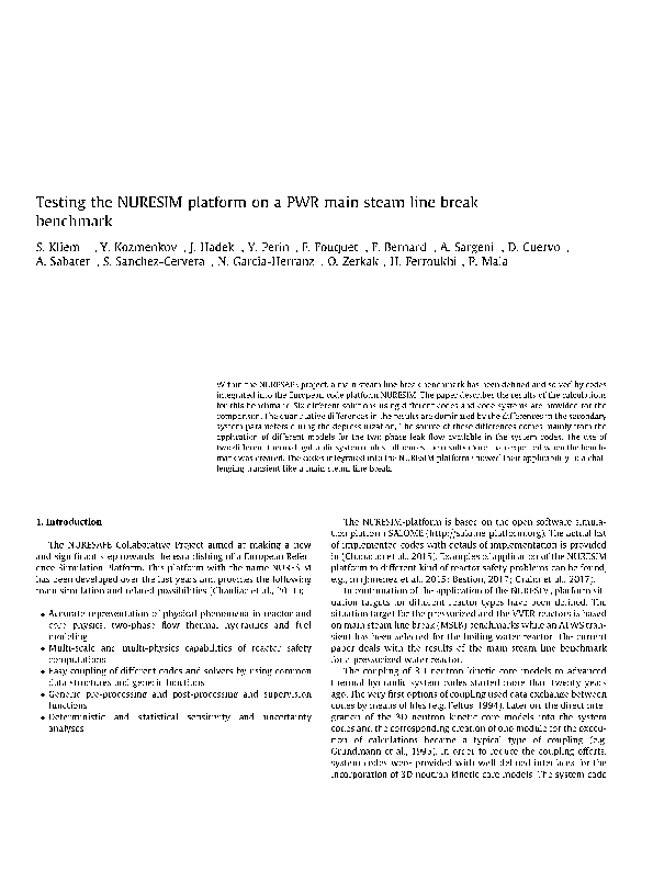 (PDF) Testing the NURESIM platform on a PWR main steam line break benchmark