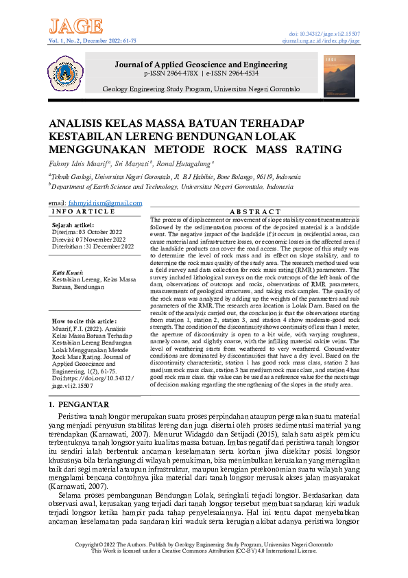 (PDF) Analisis Kelas Massa Batuan Terhadap kestabilan Lereng Bendungan Lolak Menggunakan Metode ...