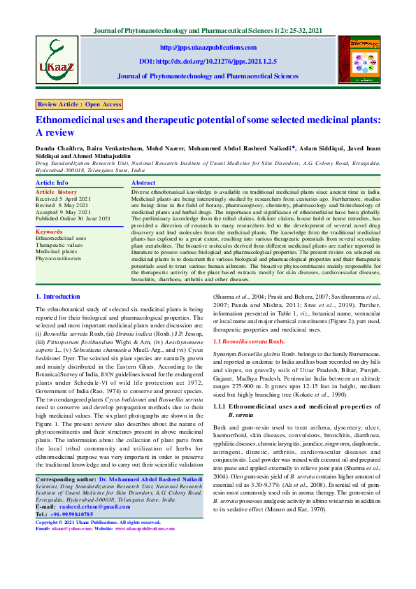 (PDF) Ethnomedicinal uses and therapeutic potential of some selected medicinal plants: A review