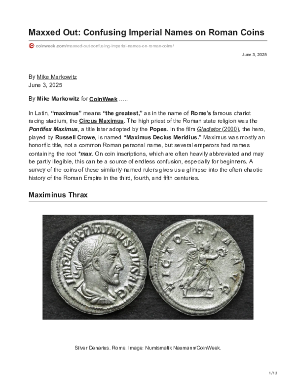 (PDF) Maxxed Out: Confusing Imperial Names on Roman Coins