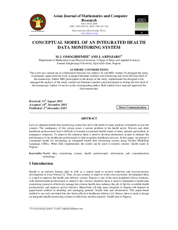 (PDF) CONCEPTUAL MODEL OF AN INTEGRATED HEALTH DATA MONITORING SYSTEM