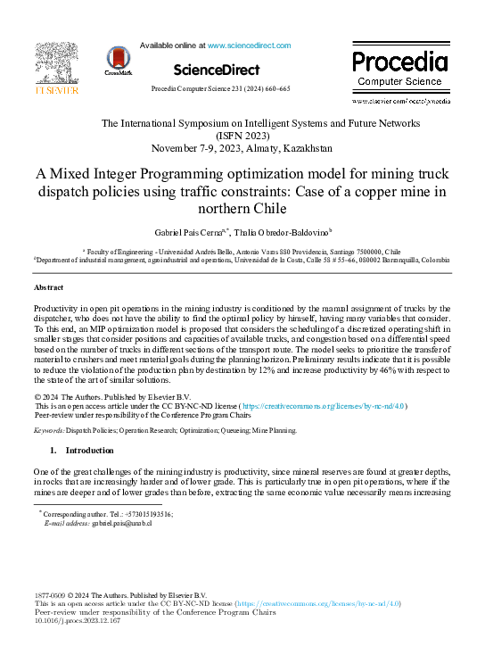 (PDF) A Mixed Integer Programming optimization model for mining truck dispatch policies using ...