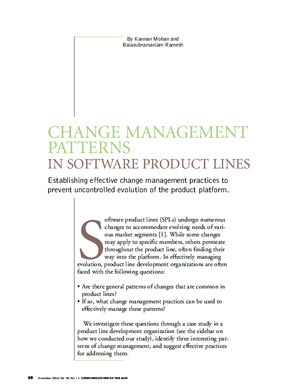 (PDF) Change management patterns in software product lines