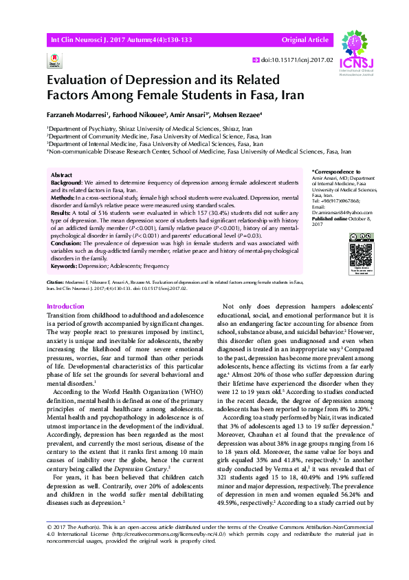 (PDF) Evaluation of Depression and its Related Factors Among Female ...