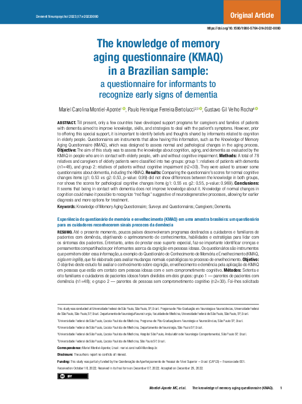 (PDF) The knowledge of memory aging questionnaire (KMAQ) in a Brazilian ...