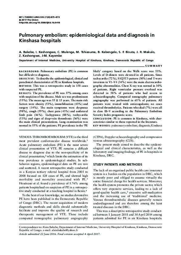 (PDF) Pulmonary embolism: epidemiological data and diagnosis in ...