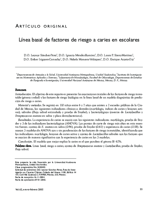 (PDF) Línea basal de factores de riesgo a caries en escolares