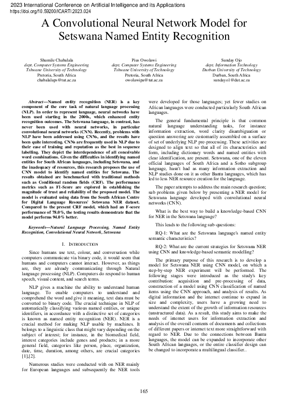 (PDF) A Convolutional Neural Network Model for Setswana Named Entity Recognition
