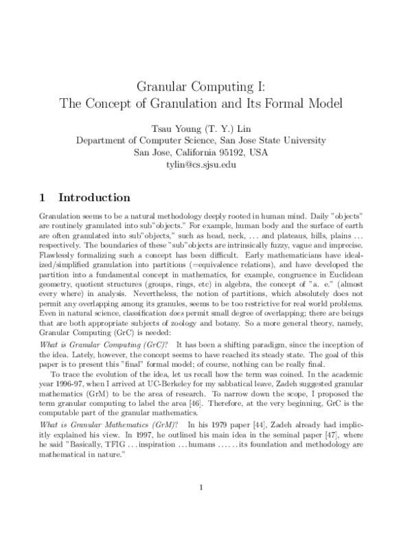 (PDF) Granular computing I: the concept of granulation and its formal model