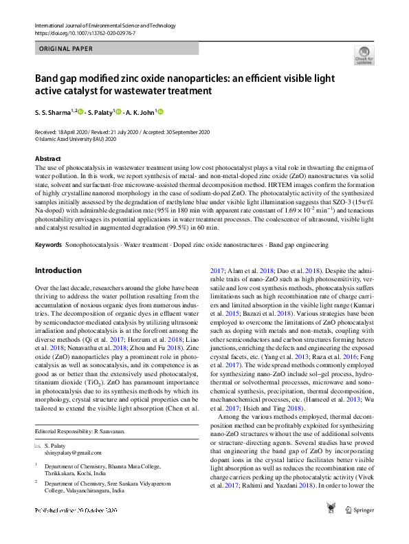 (PDF) Band gap modified zinc oxide nanoparticles: an efficient visible ...