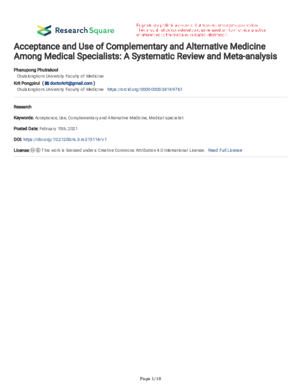 (PDF) Acceptance and Use of Complementary and Alternative Medicine ...