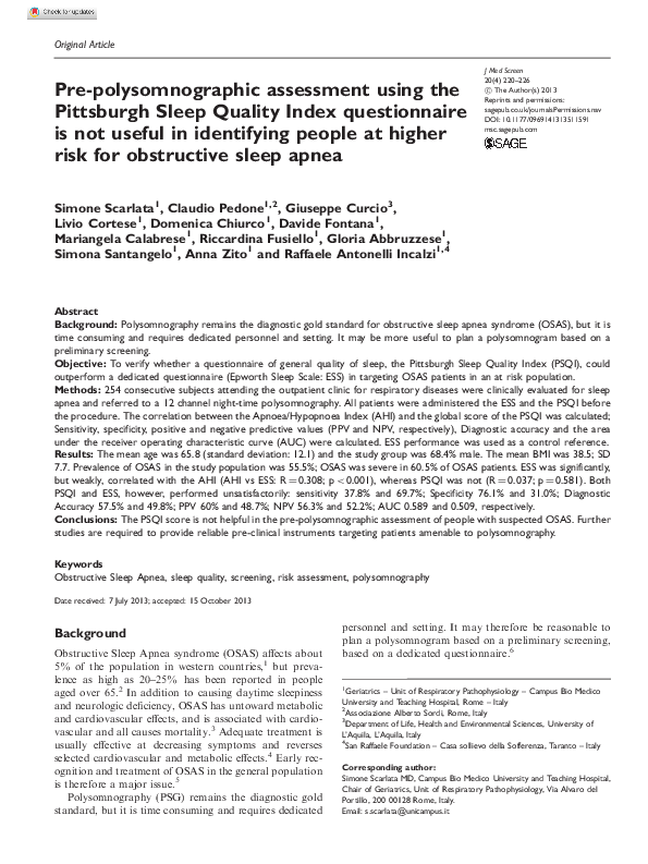 (PDF) Pre-polysomnographic assessment using the Pittsburgh Sleep ...