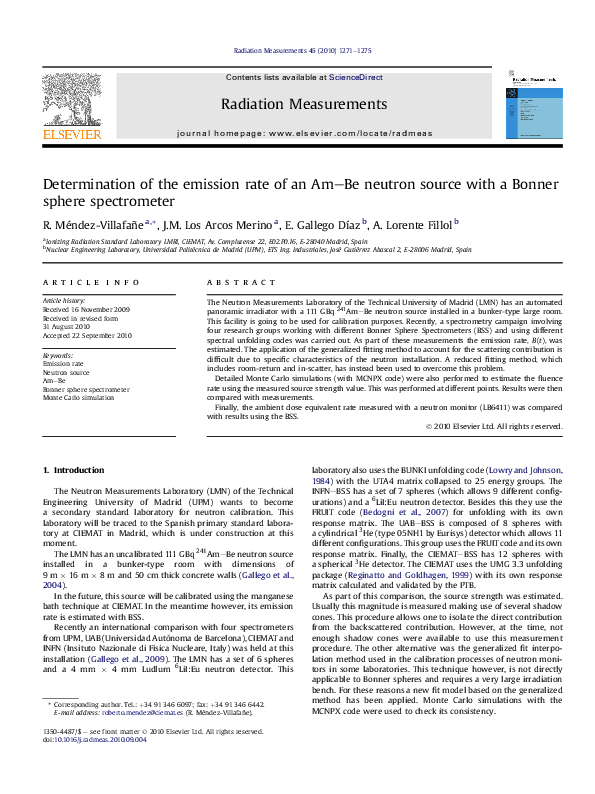 (PDF) Determination of the emission rate of an Am–Be neutron source ...