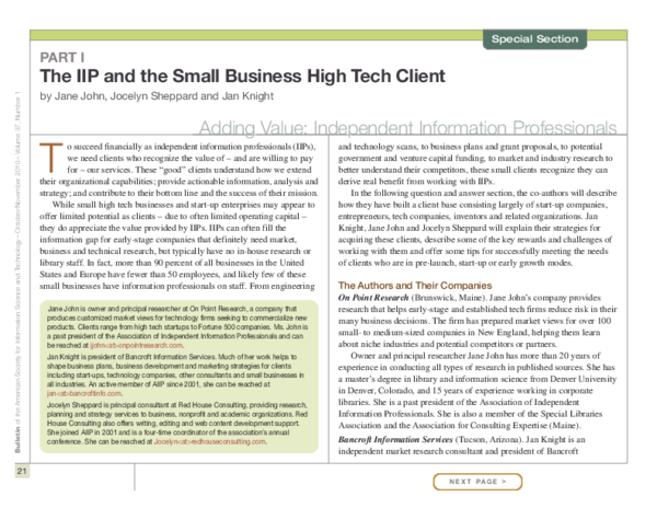 (PDF) Part I: The IIP and the small business high tech client