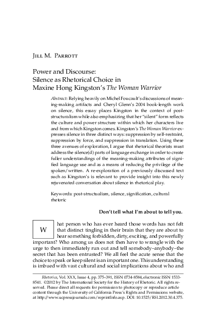 (PDF) Power and Discourse: Silence as Rhetorical Choice in Maxine Hong ...