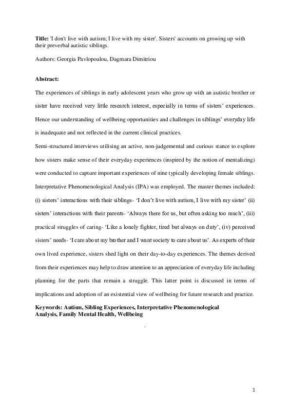 (PDF) ‘I don't live with autism; I live with my sister’. Sisters ...