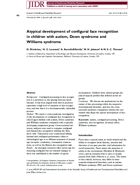 (PDF) Atypical development of configural face recognition in children with autism, Down syndrome ...