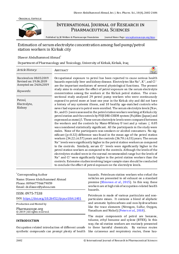 (PDF) Estimation of serum electrolyte concentration among fuel pump ...