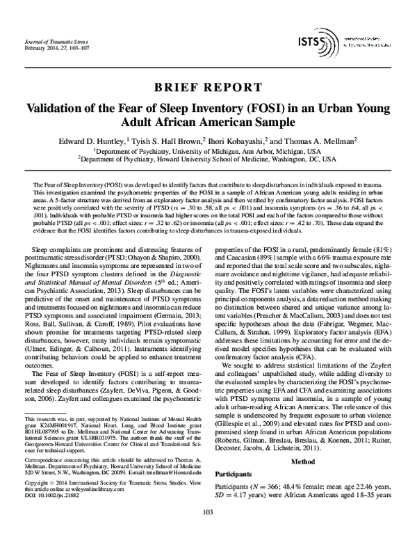 (PDF) Validation of the Fear of Sleep Inventory (FOSI) in an Urban ...