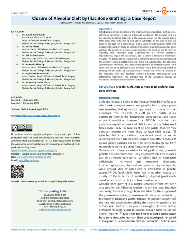 (PDF) Closure of Alveolar Cleft by Iliac Bone Grafting: a Case Report
