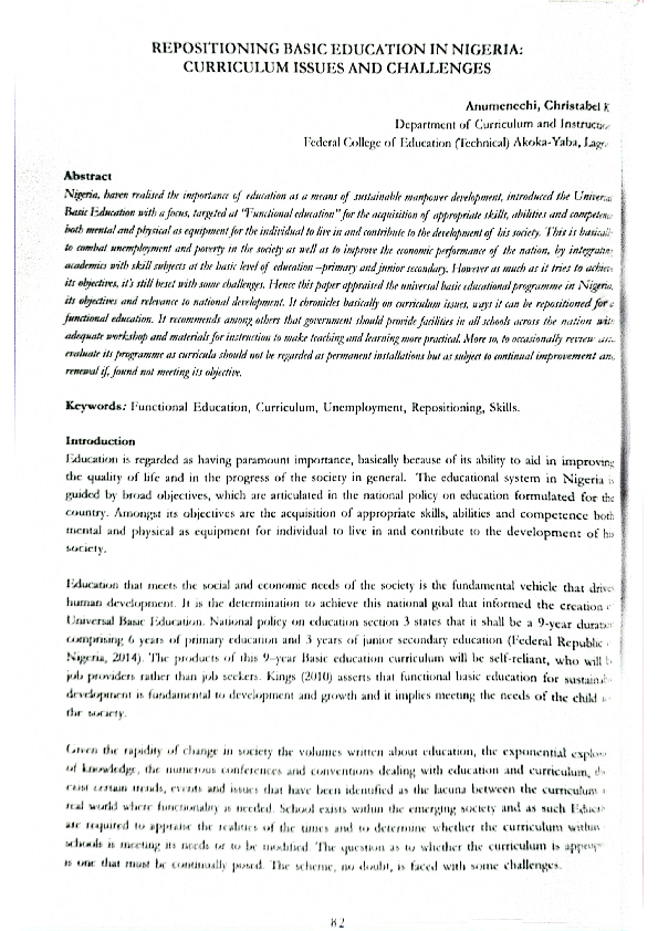 (PDF) REPOSITIONING BASIC EDUCATION IN NIGERIA CURRICULUM ISSUES AND ...