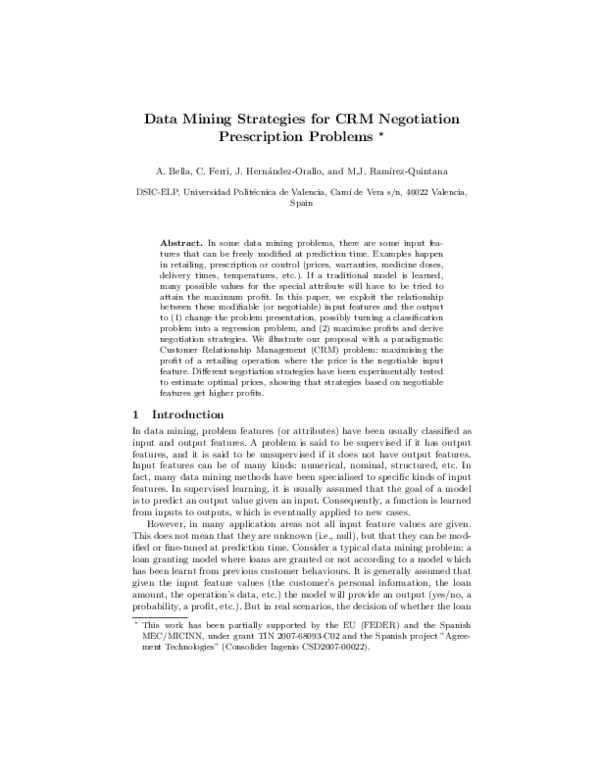 (PDF) Data Mining Strategies for CRM Negotiation Prescription Problems