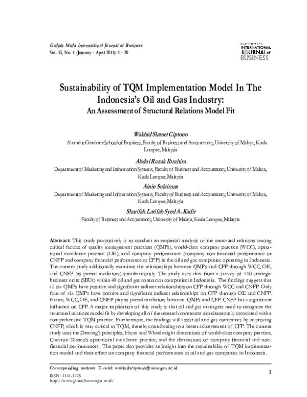 (PDF) Sustainability of TQM Implementation Model In The Indonesia’s Oil and Gas Industry: An ...