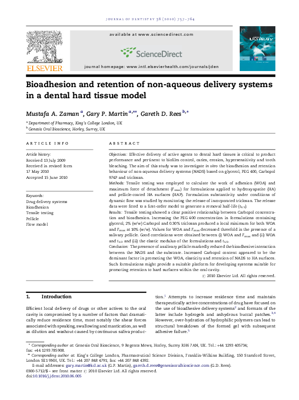 (PDF) Bioadhesion and retention of non-aqueous delivery systems in a ...
