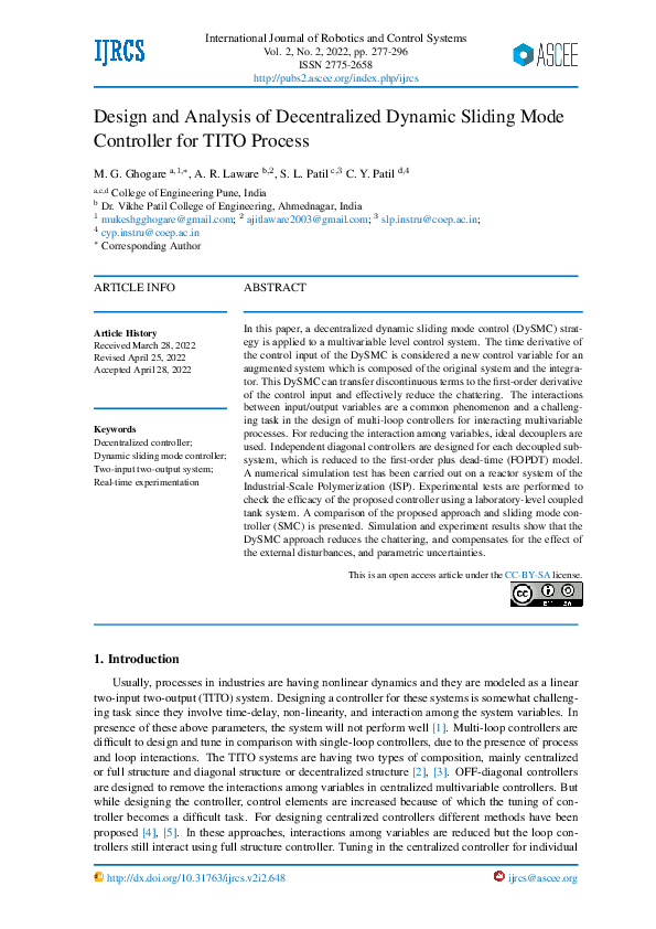 (PDF) Design and Analysis of Decentralized Dynamic Sliding Mode Controller for TITO Process