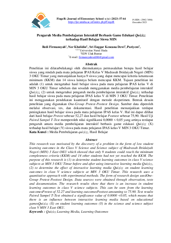(PDF) Pengaruh Media Pembelajaran Interaktif Berbasis Game Edukasi Quizizz terhadap Hasil ...
