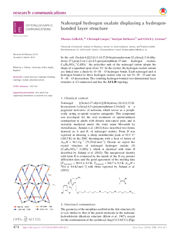 (PDF) Naloxegol hydrogen oxalate displaying a hydrogen-bonded layer structure